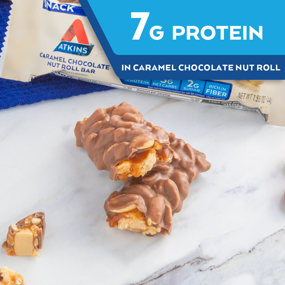 Atkins Barra sabor Chocolate con Caramelo y Cacahuates – Fitness Town